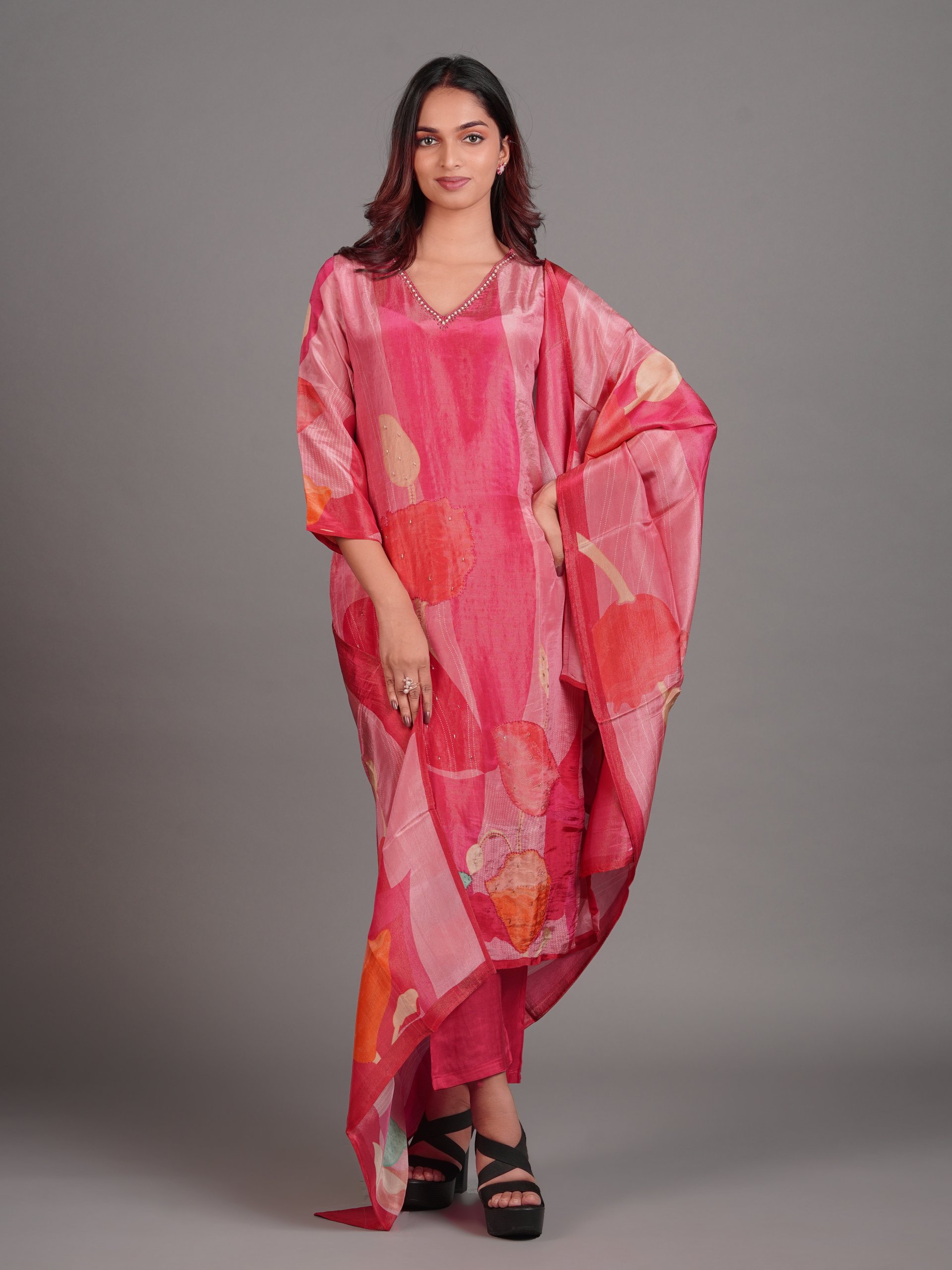 Pink Tissue Suit Set with Sugar Bead Work, Floral Print & Dupatta